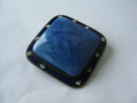 Blue Glass Flower Enamel Brass Square Brooch Pin Vint… - Gem