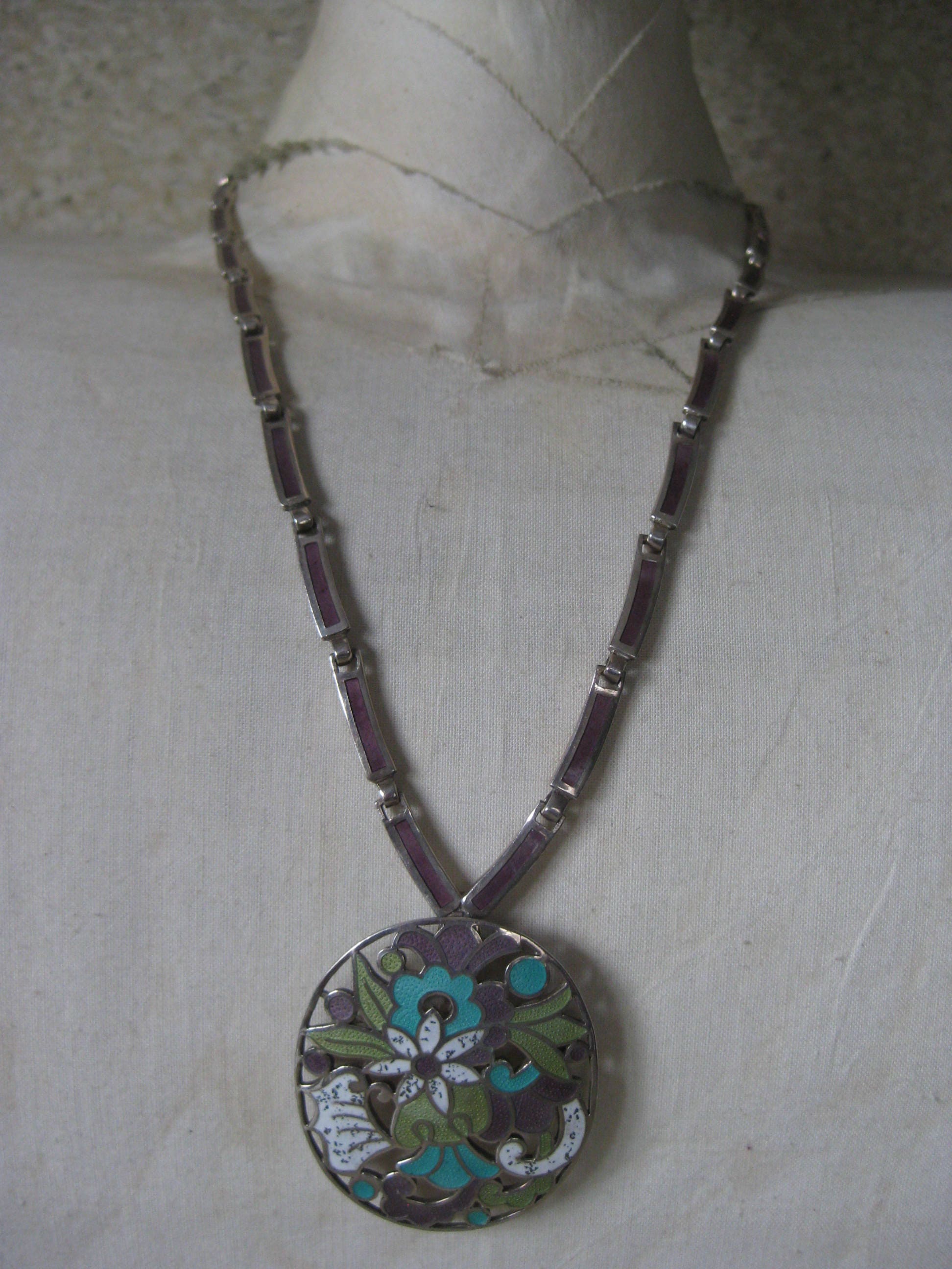 Flower Filigree Sterling Necklace Enamel Purple Turquoise | Etsy