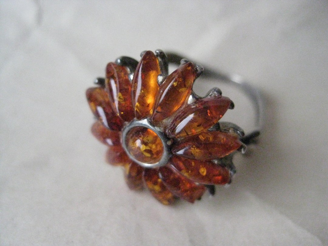 Amber Flower Sterling Ring Vintage 925 Silver Size 9 1/4 Cocktail - Etsy