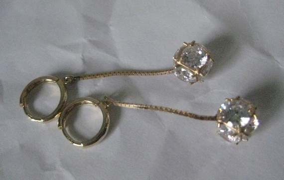 14K Clear Hoop Round Stone Drop Chain Dangle Yellow Gold | Etsy