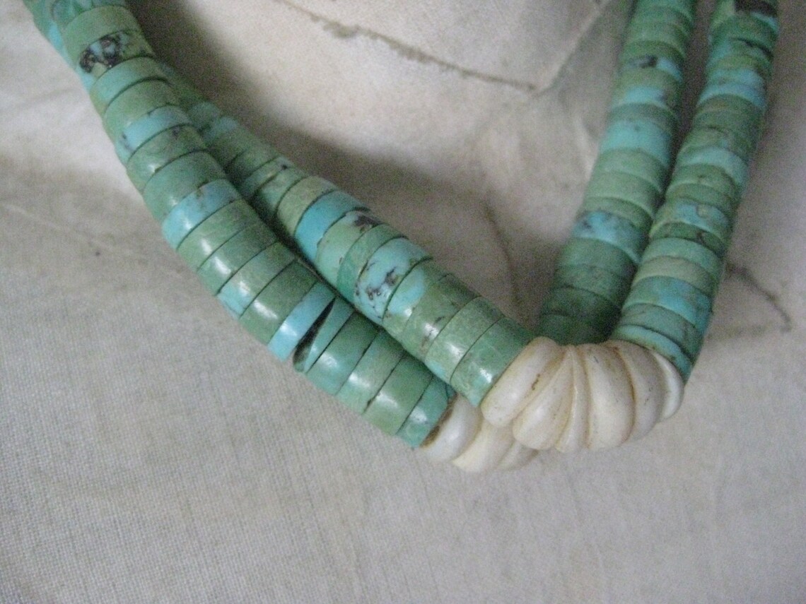 Turquoise Stone & Bone Heishe 2 Strand Sterling Native - Etsy