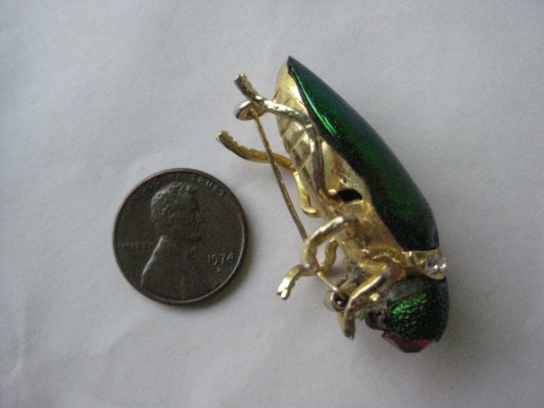Real Beetle Green Iridescent Rhinestone Clear Red Brooch Pin Gold ...