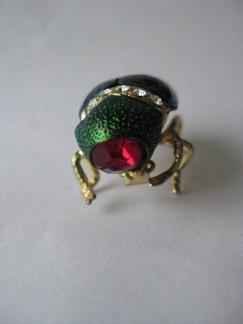 Real Beetle Green Iridescent Rhinestone Clear Red Brooch Pin Gold ...