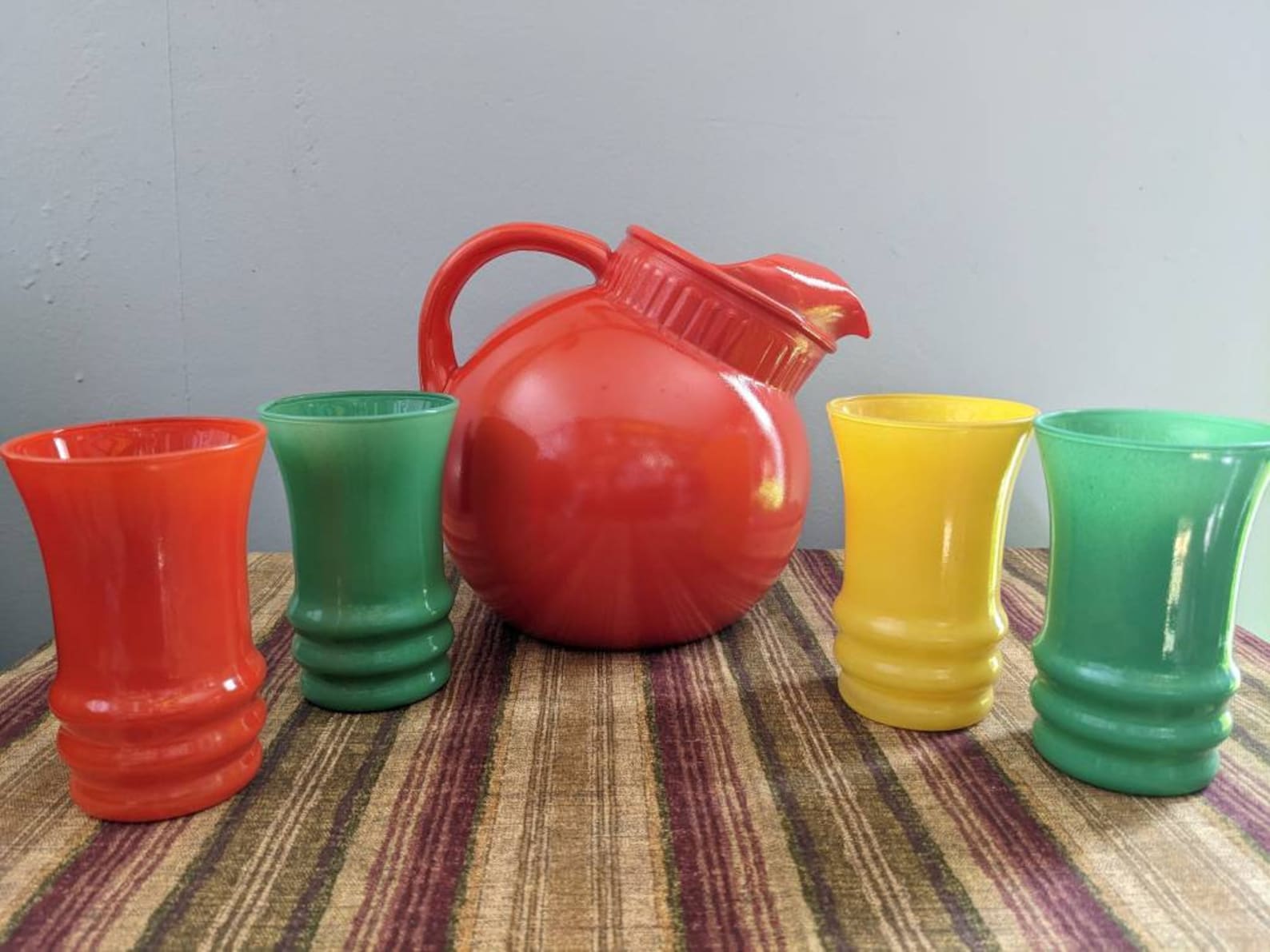 Vintage Midcentury Anchor Hocking Ball Pitcher and 4 Drinking Glasses ...