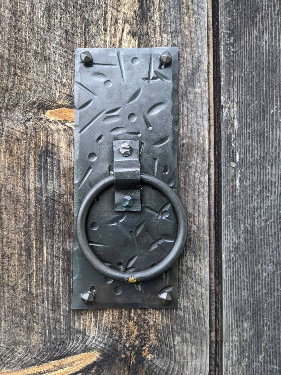 Hand Forged Braised Ring Handle on Distressed 10" X 4" Backplate. Heavy ...