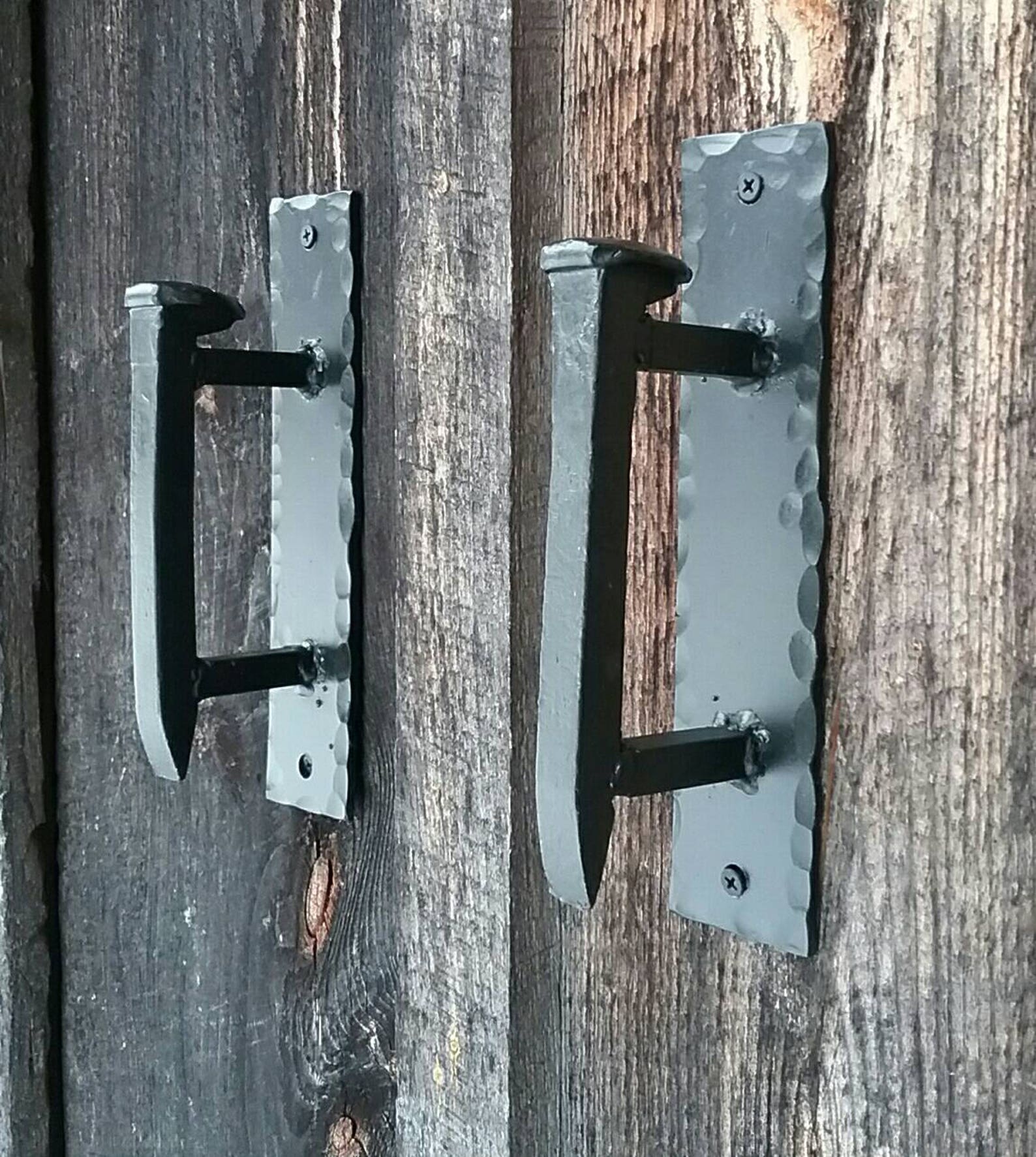 Set of 2 Hand Forged Railroad Spike Door Pulls on Sturdy Backplate - Etsy