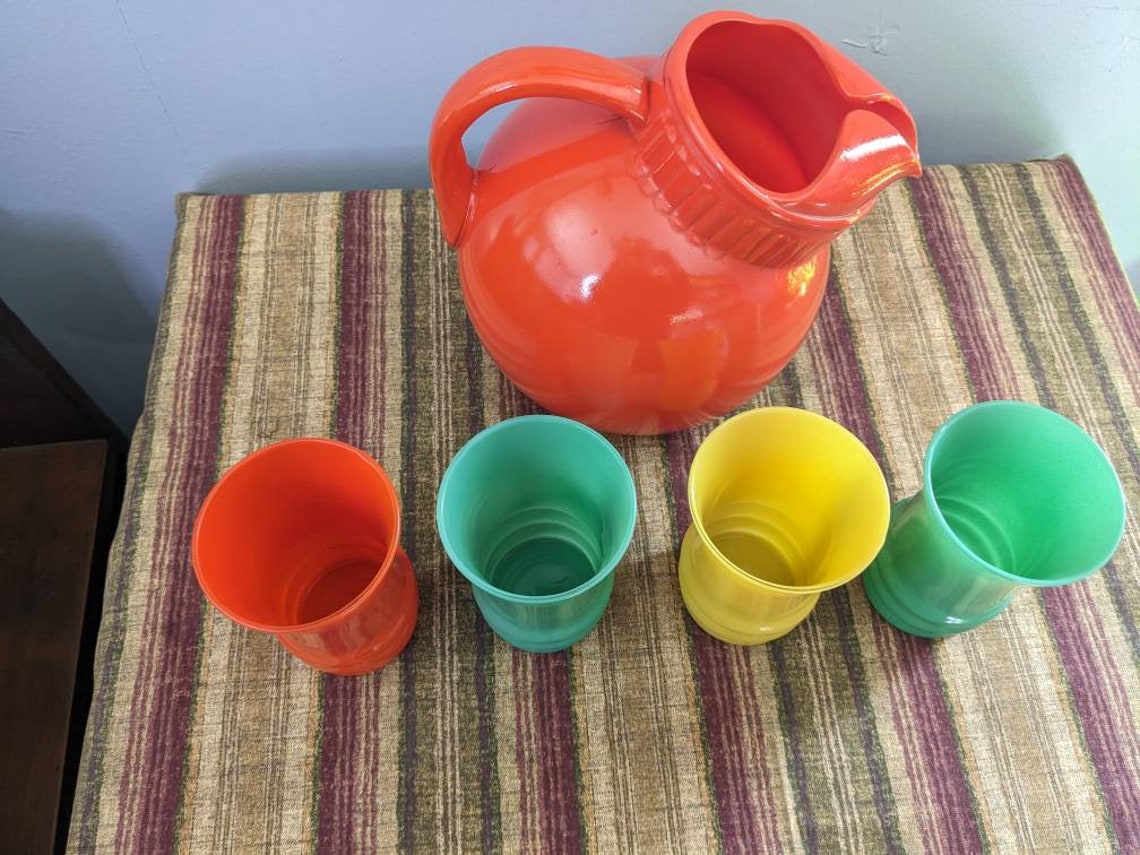 Vintage Midcentury Anchor Hocking Ball Pitcher and 4 Drinking Glasses ...