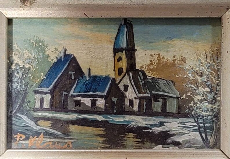 60's Artist P Klaus Oil Painting Church by the Lake Miniature Art ...