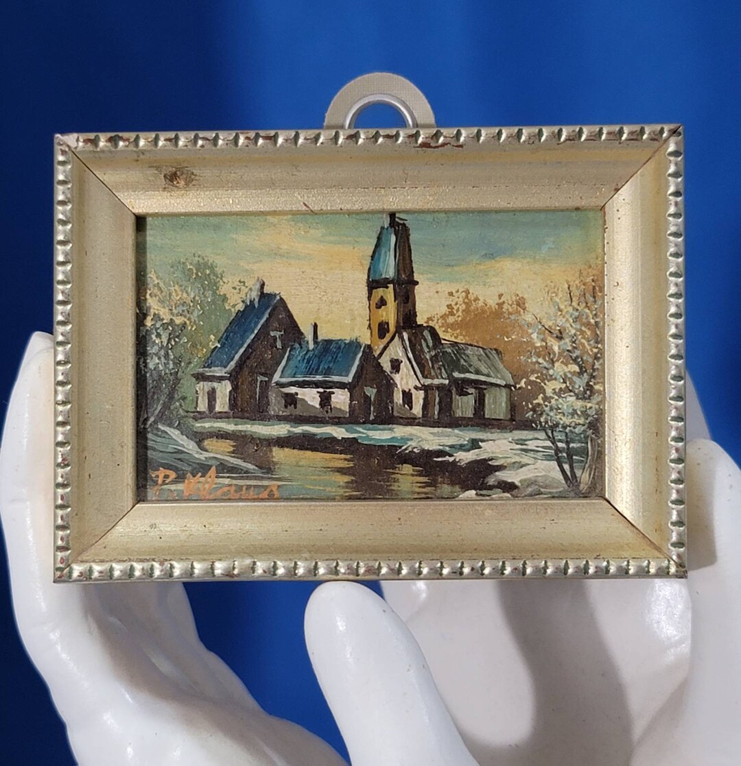 60's Artist P Klaus Oil Painting Church by the Lake ORIGINAL Miniature ...