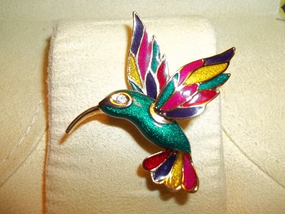 Hummingbird Brooch Bird Pin Solid Brass Enamel and Crystal | Etsy
