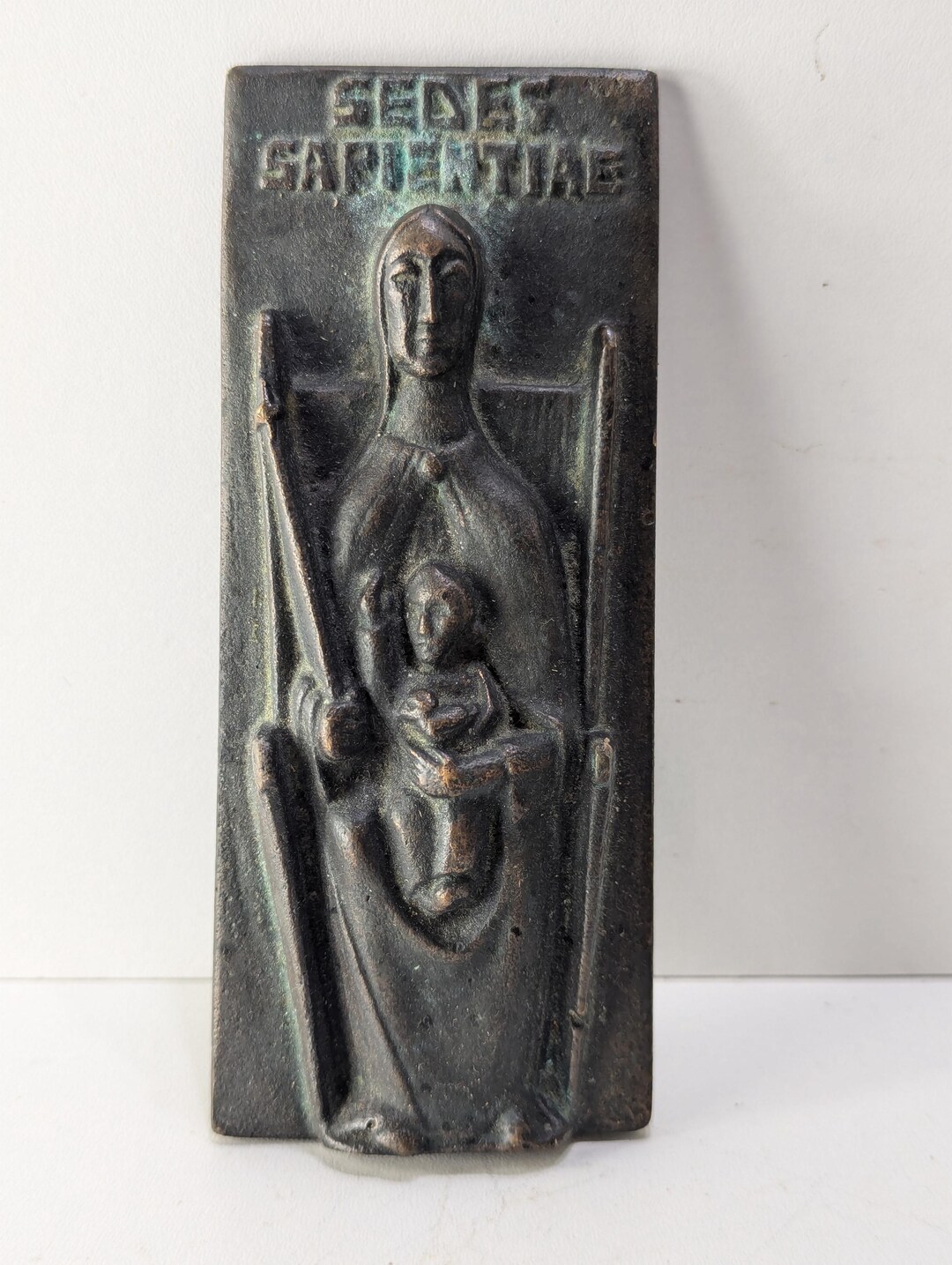 Antique Bronze Medallion Featuring Mother Mary and Jesus on the Throne ...