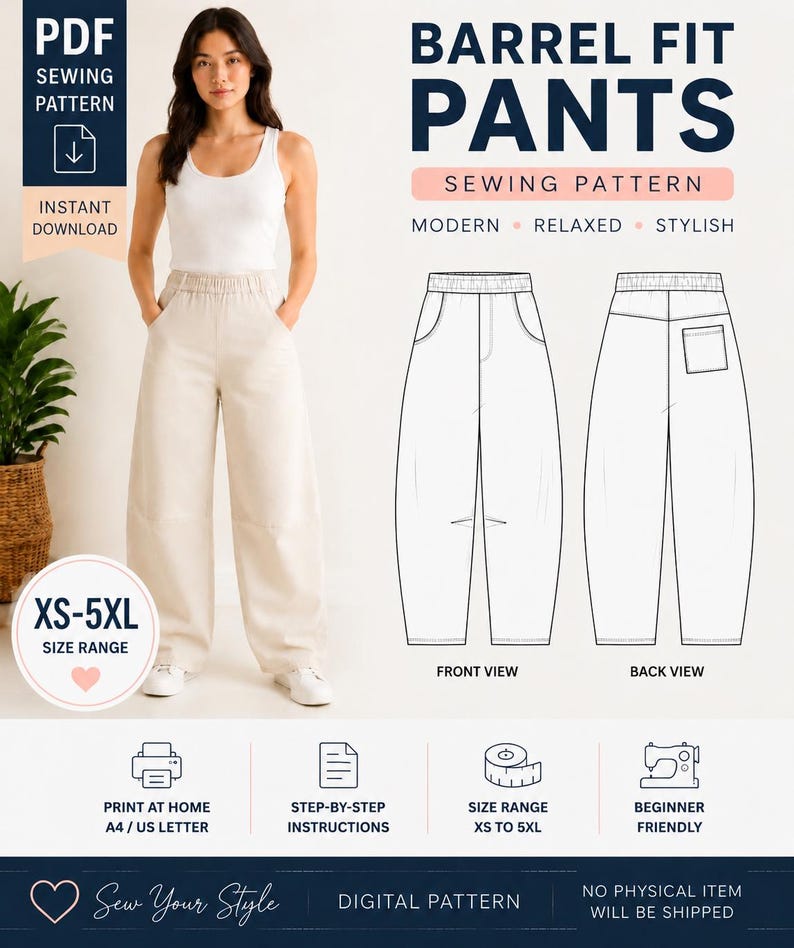 Barrel Fit Pants PDF Sewing Pattern, Modern Relaxed Trousers ...