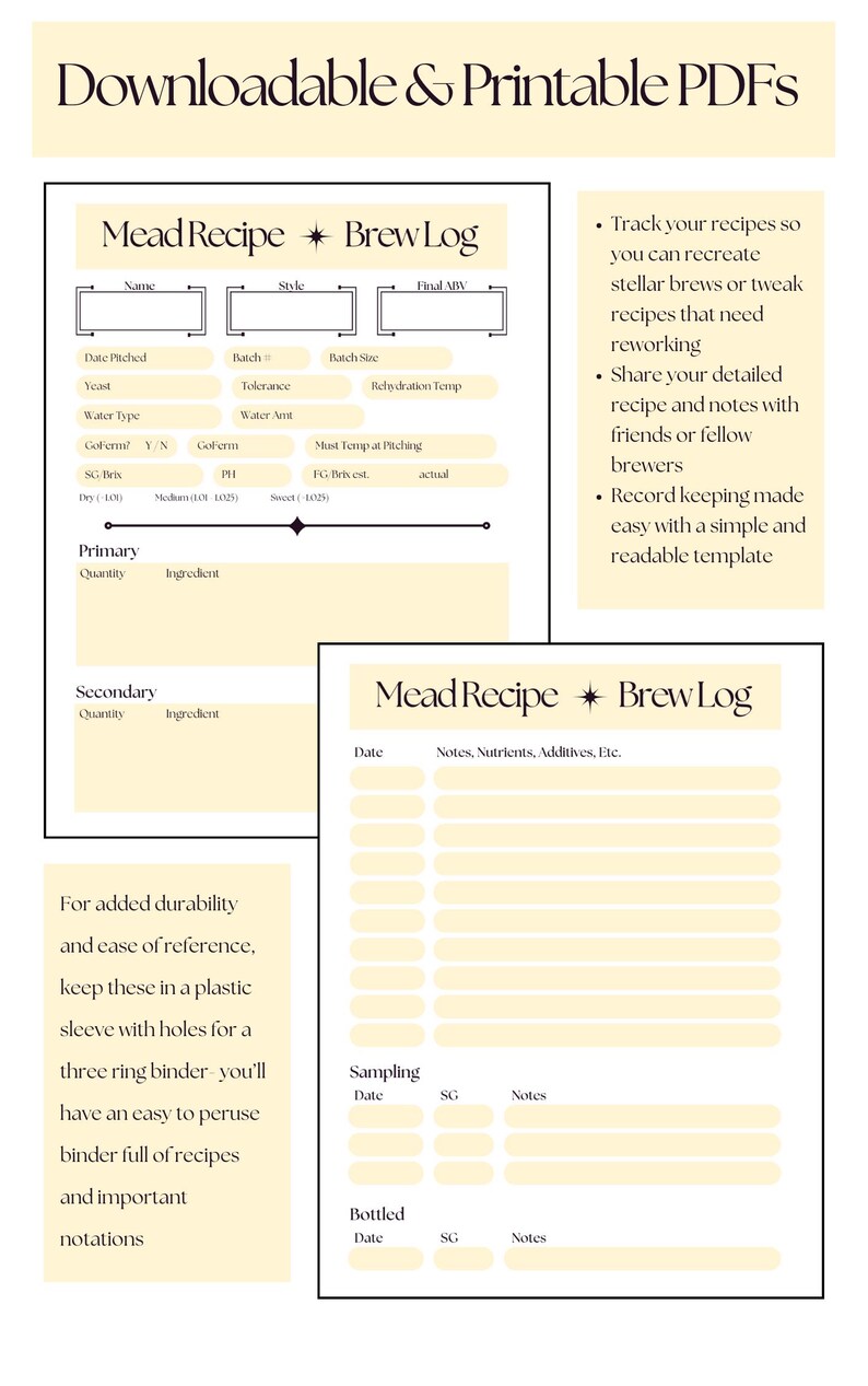 Printable Homebrewing Recipe and Brew, Mead Brewing Log Template, Mead ...