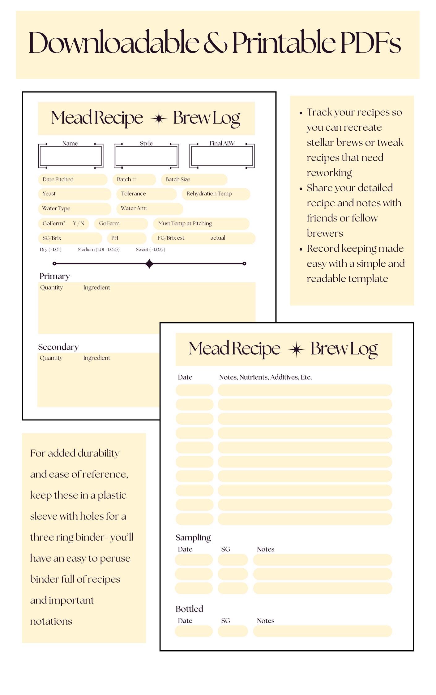 Printable Homebrewing Recipe and Brew, Mead Brewing Log Template, Mead ...