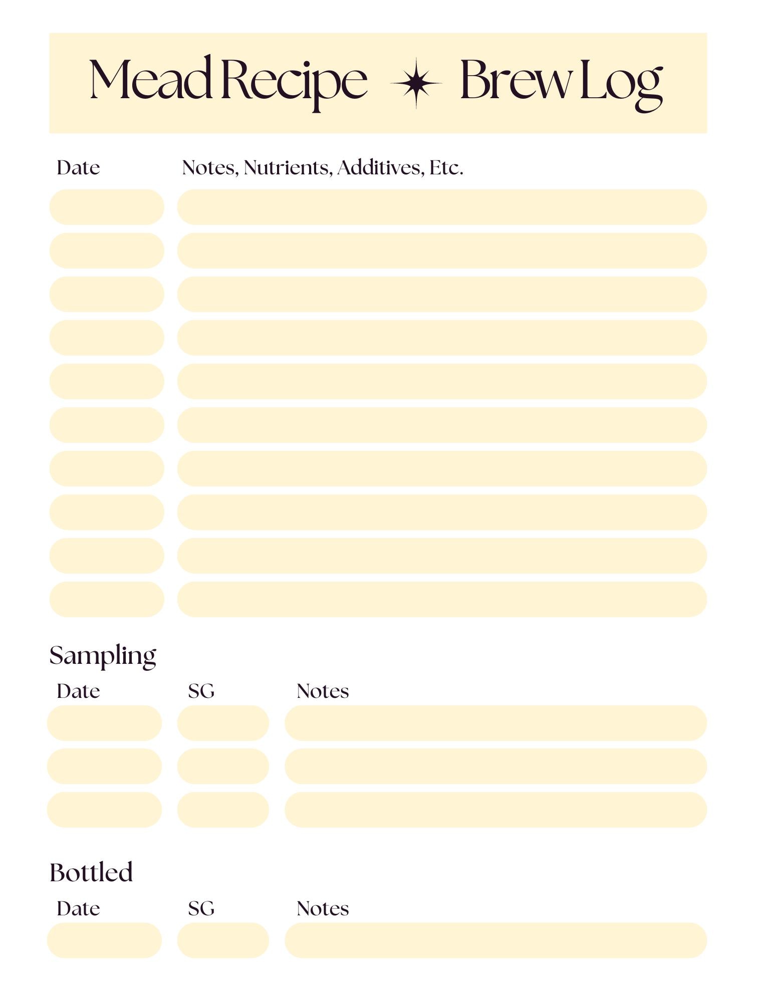 Printable Homebrewing Recipe and Brew, Mead Brewing Log Template, Mead ...