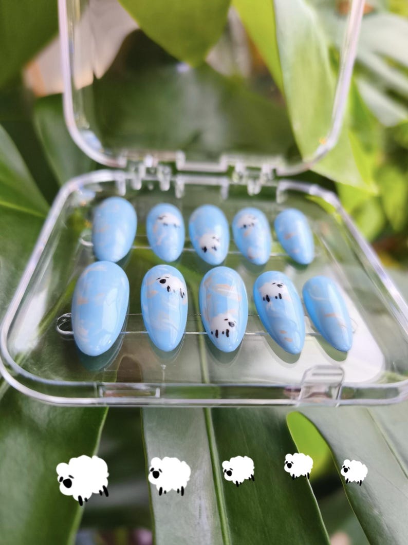 Hand-painted Sheep Press-on Gel Nails | Blue Animal Art Set, Reusable ...