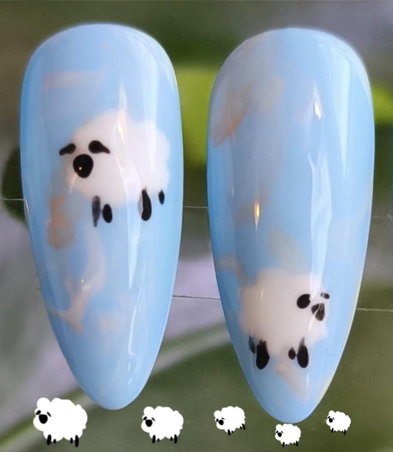 Hand-painted Sheep Press-on Gel Nails | Blue Animal Art Set, Reusable ...