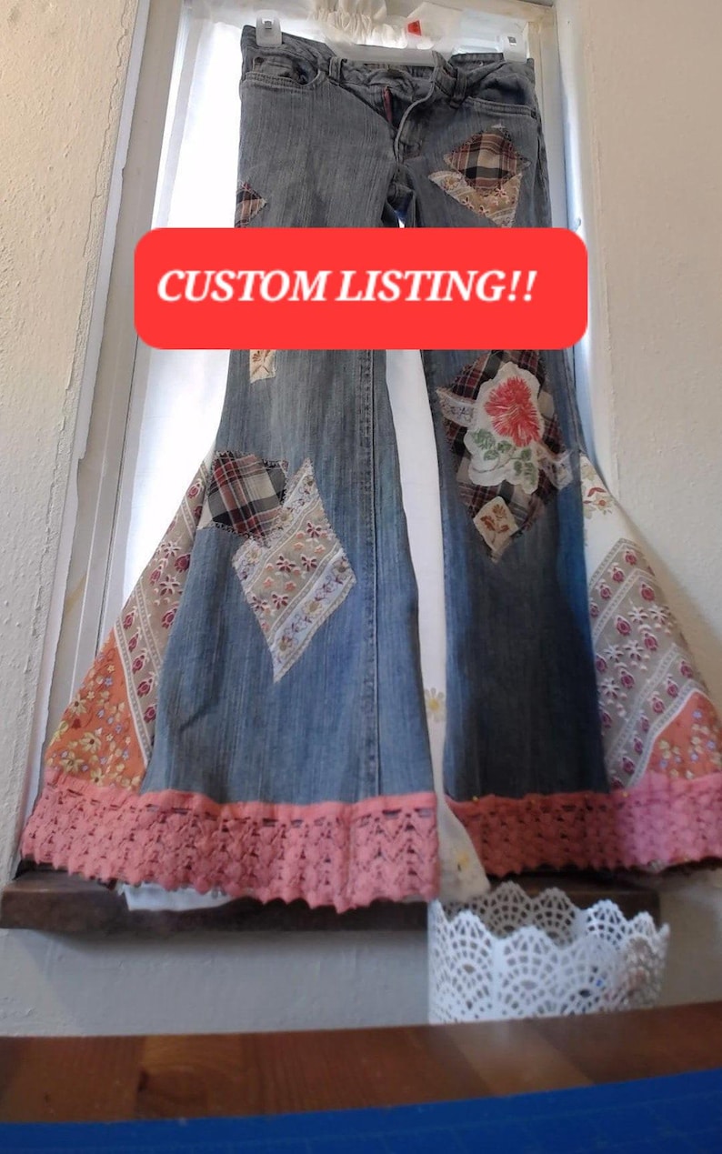 CUSTOM Base Bell Bottoms Retro Flare Pants Upcycled Patchwork Lace Trim ...