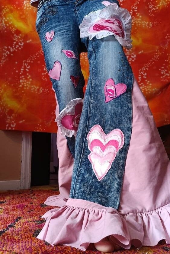 CUSTOM Base Bell Bottoms Retro Flare Pants Upcycled Patchwork Lace Trim ...