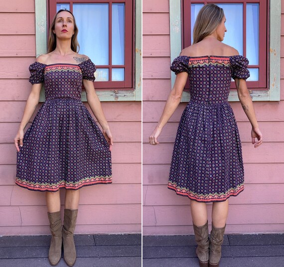 vintage 1970s Off Shoulder Puff Sleeve Bohemian Folk … - Gem