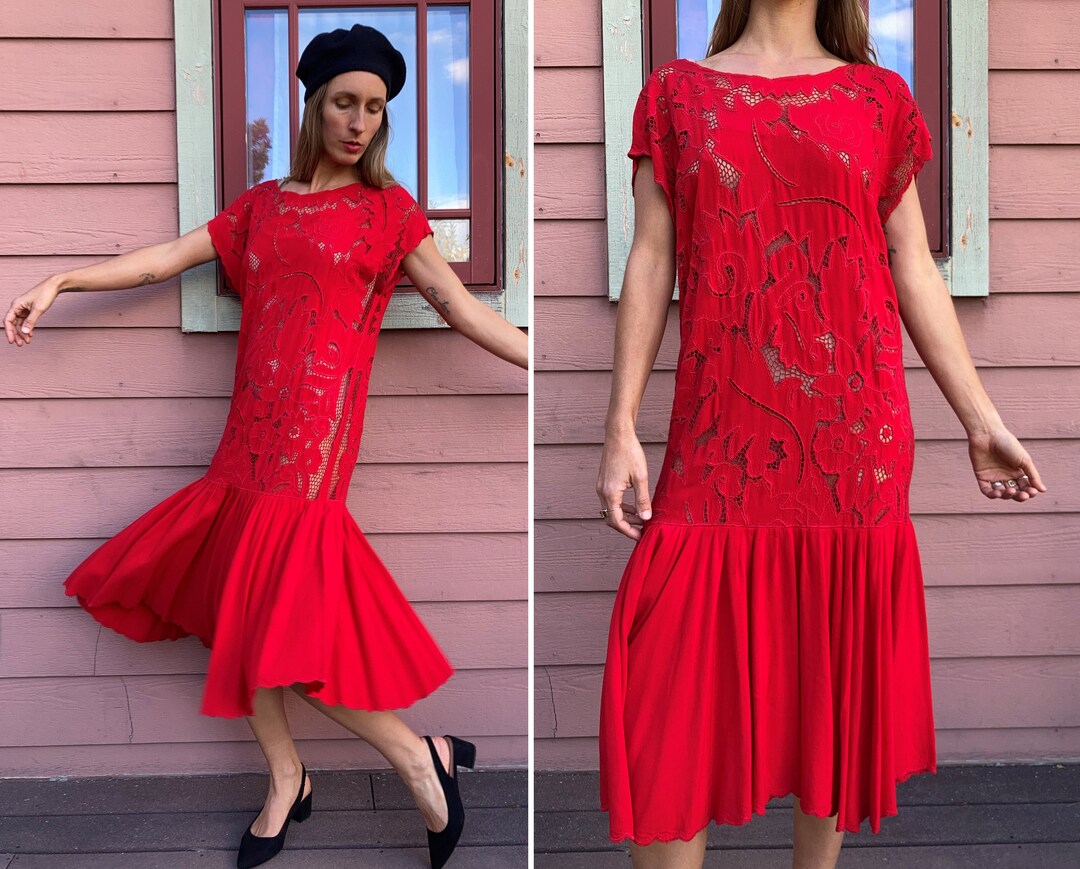 Vintage 1980s Red Bali Lace Cutout Dress With Peplum Drop - Etsy