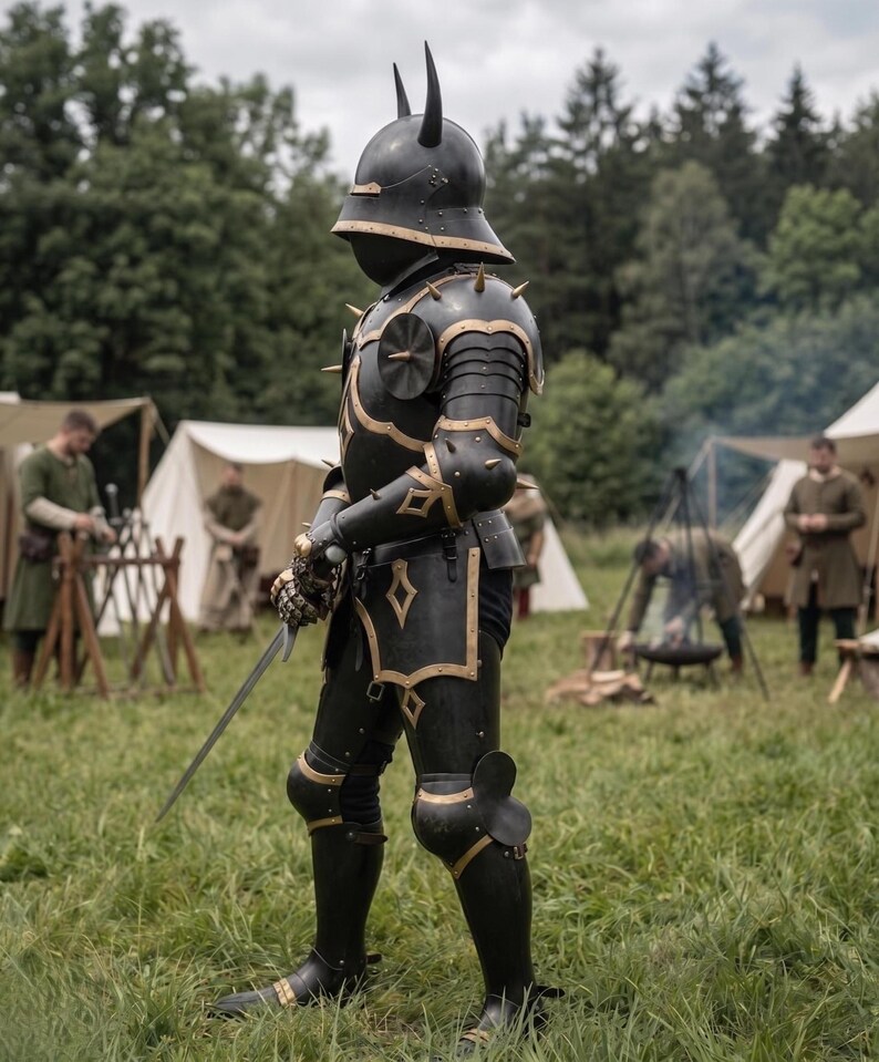 Medieval Black Knight Armor Suit Full Demon Horn Helmet Gothic Warrior ...