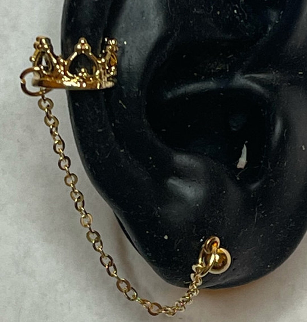 Crown Ear Cuff With Chain and Post Gold or Silver - Etsy
