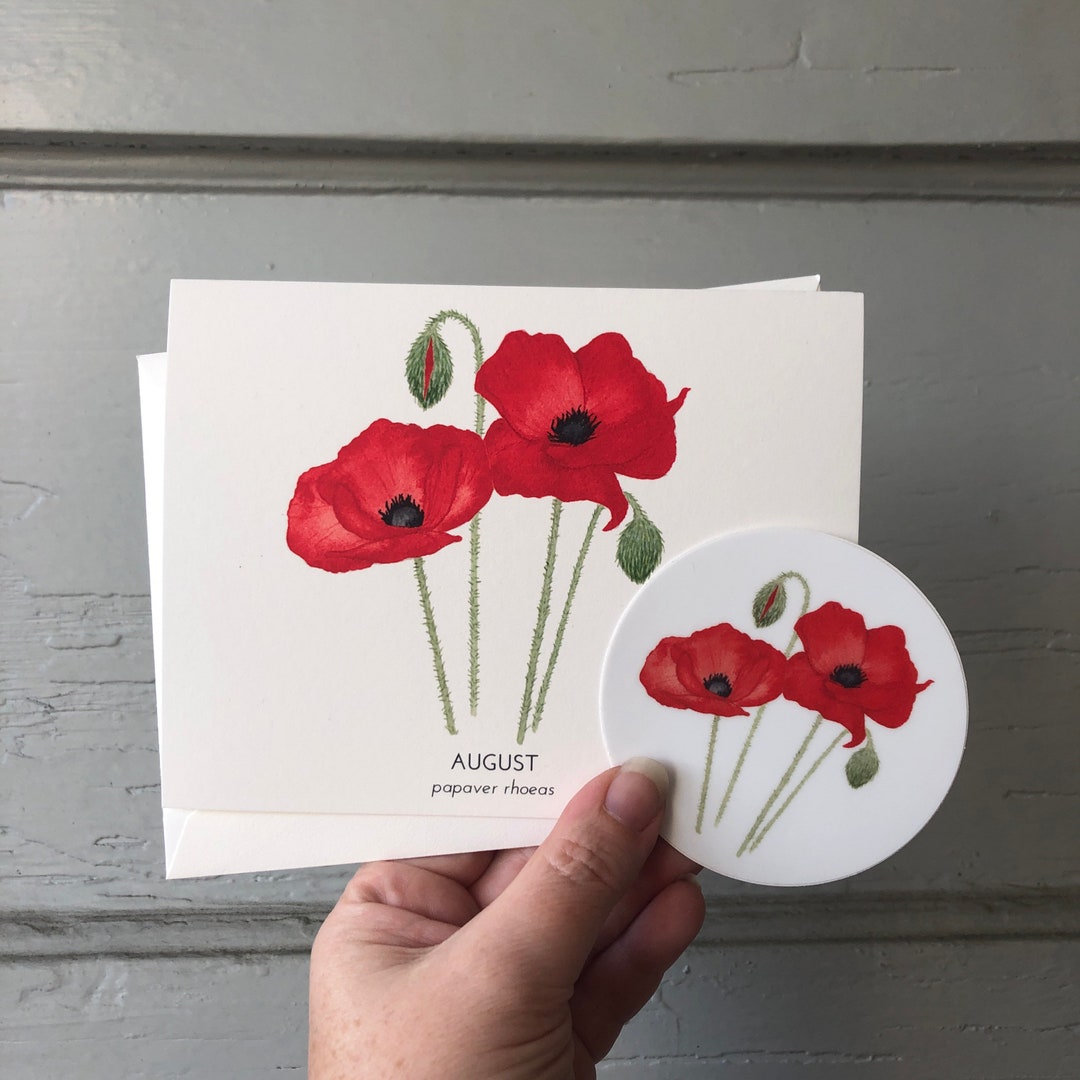 August Birth Flower Poppy Watercolor Greeting Card Sticker - Etsy