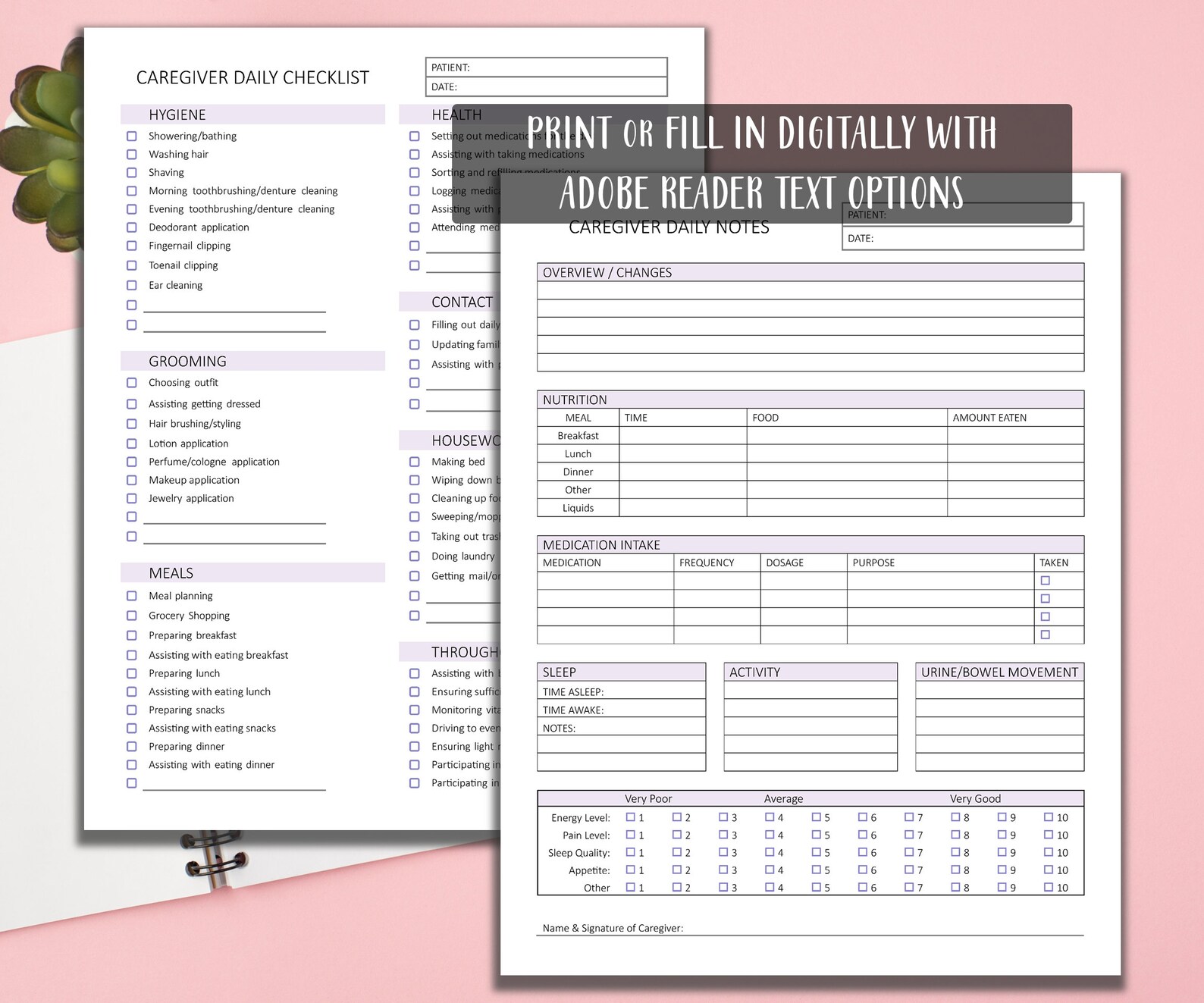 Caregiver Daily Task List & Note Page for Monitoring Patient Health ...