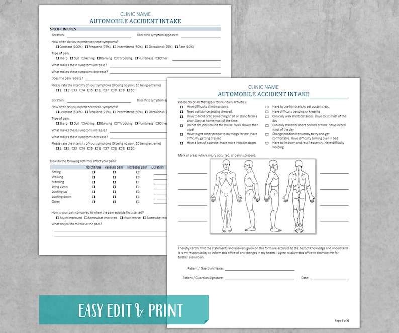 Auto Accident Medical Intake Form: Editable Template (word & PDF) - Etsy