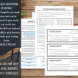 Vehicle Bill of Sale Printable Template With Payment Receipts | Editable, Fillable PDF Auto Sale ...