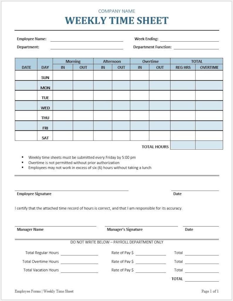 Employee Weekly Time Sheet Bundle: Editable HR Forms (digital Download ...