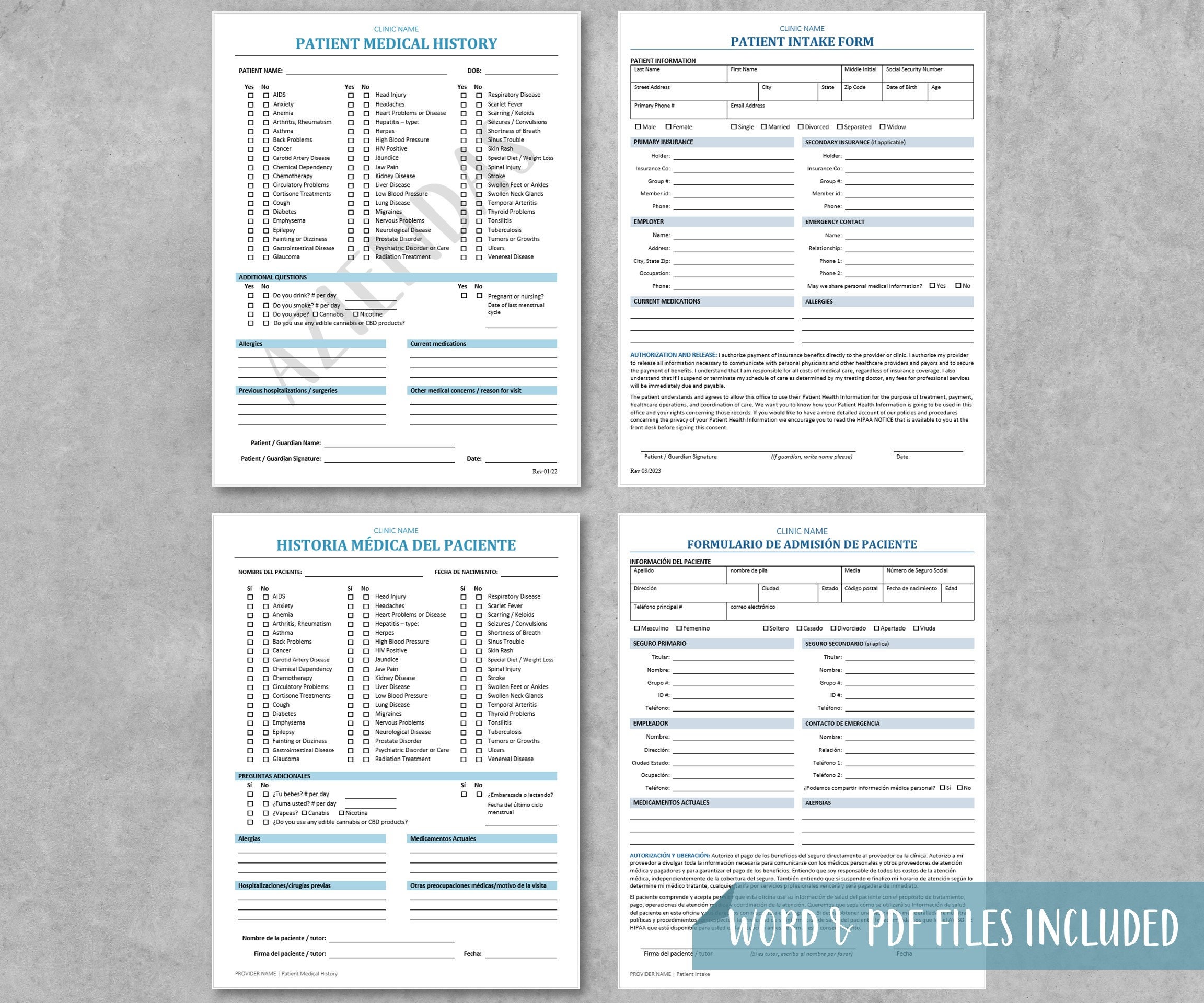 Medical Patient Intake Forms Bundle: Healthcare Templates (english ...