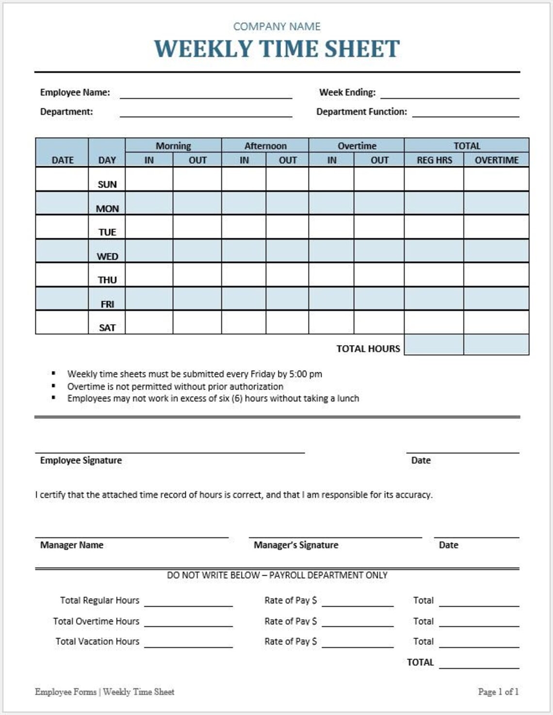 Employee Weekly Time Sheet Editable & Printable Template - Etsy