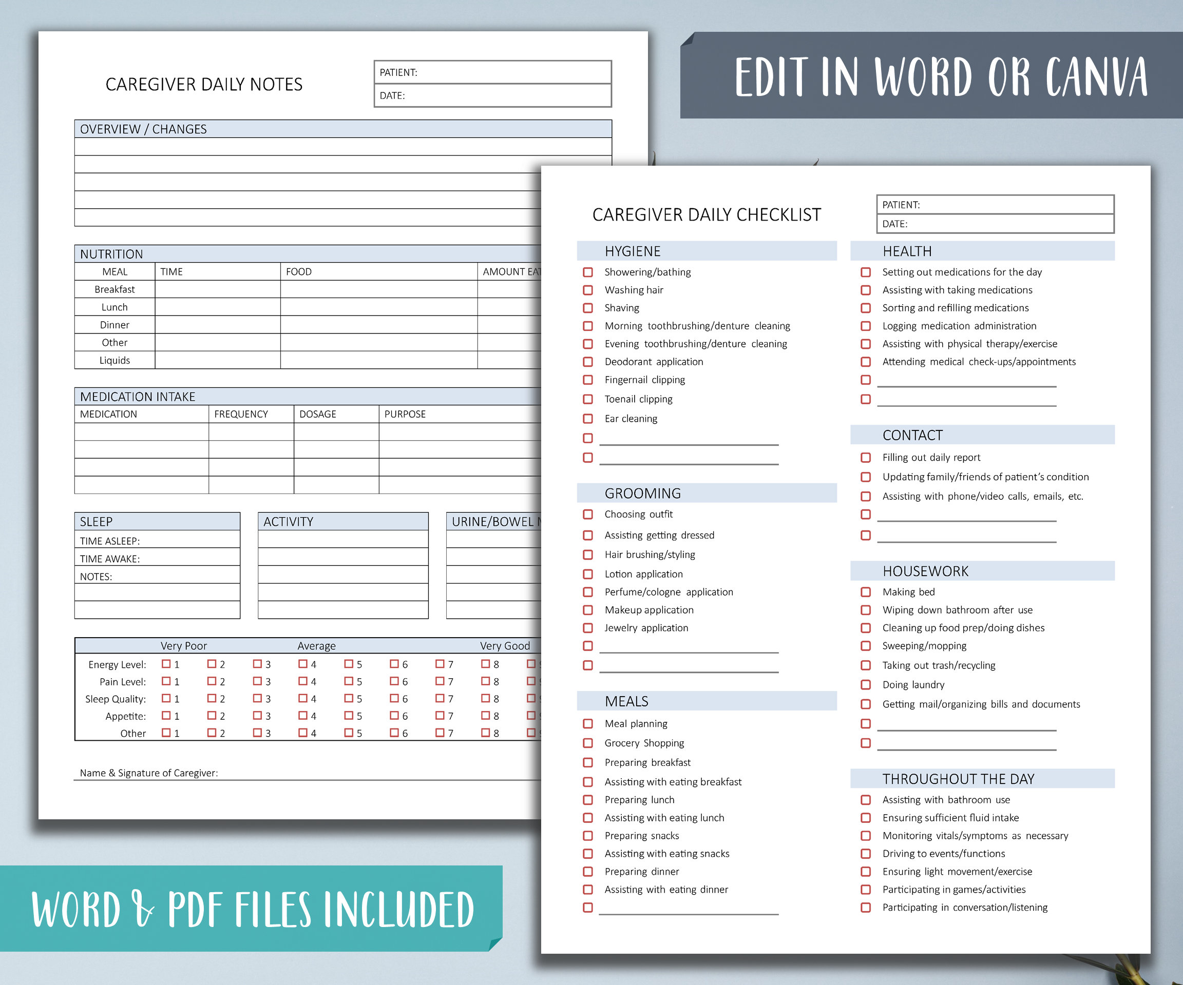 Caregiver Daily Task List & Note Page for Monitoring Patient Health ...
