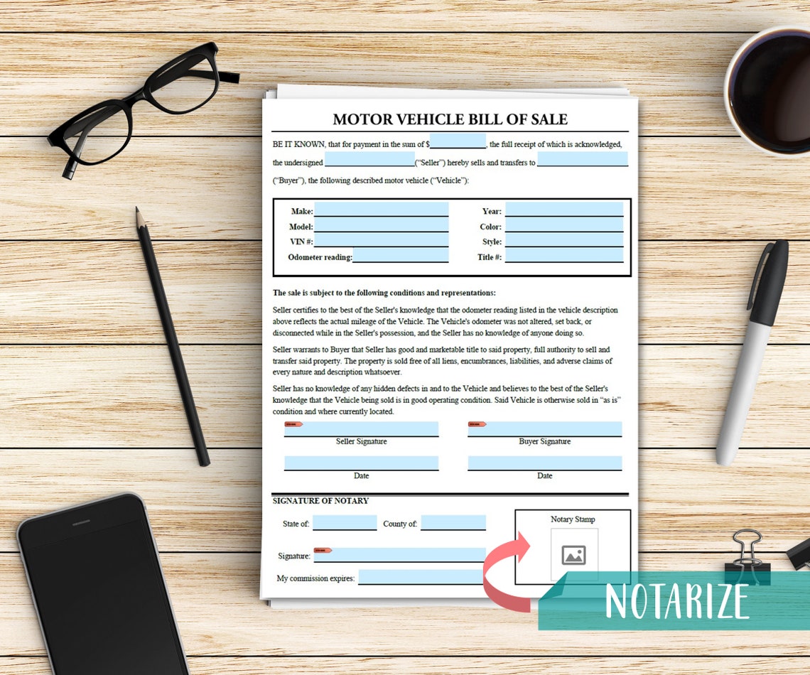 Vehicle Bill of Sale Notary Printable Template With Payment Receipts ...