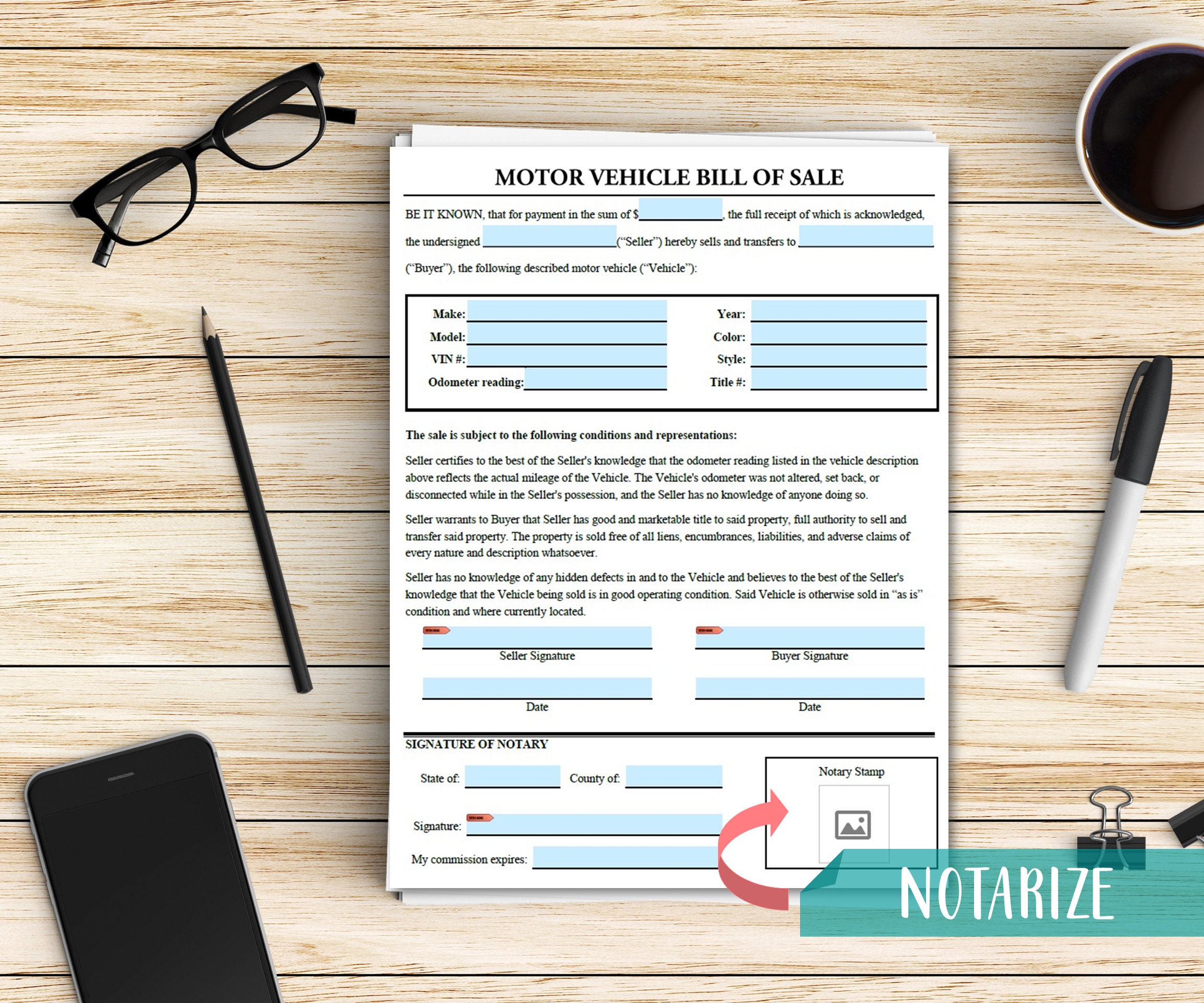 Vehicle Bill of Sale Notary Printable Template With Payment Receipts ...