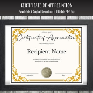 Certificate of Appreciation Fillable PDF File Editable & - Etsy