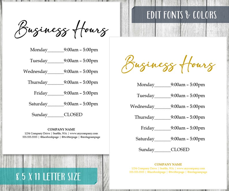 Editable Business Hours Sign Template: Storefront Hours (WORD Instant ...