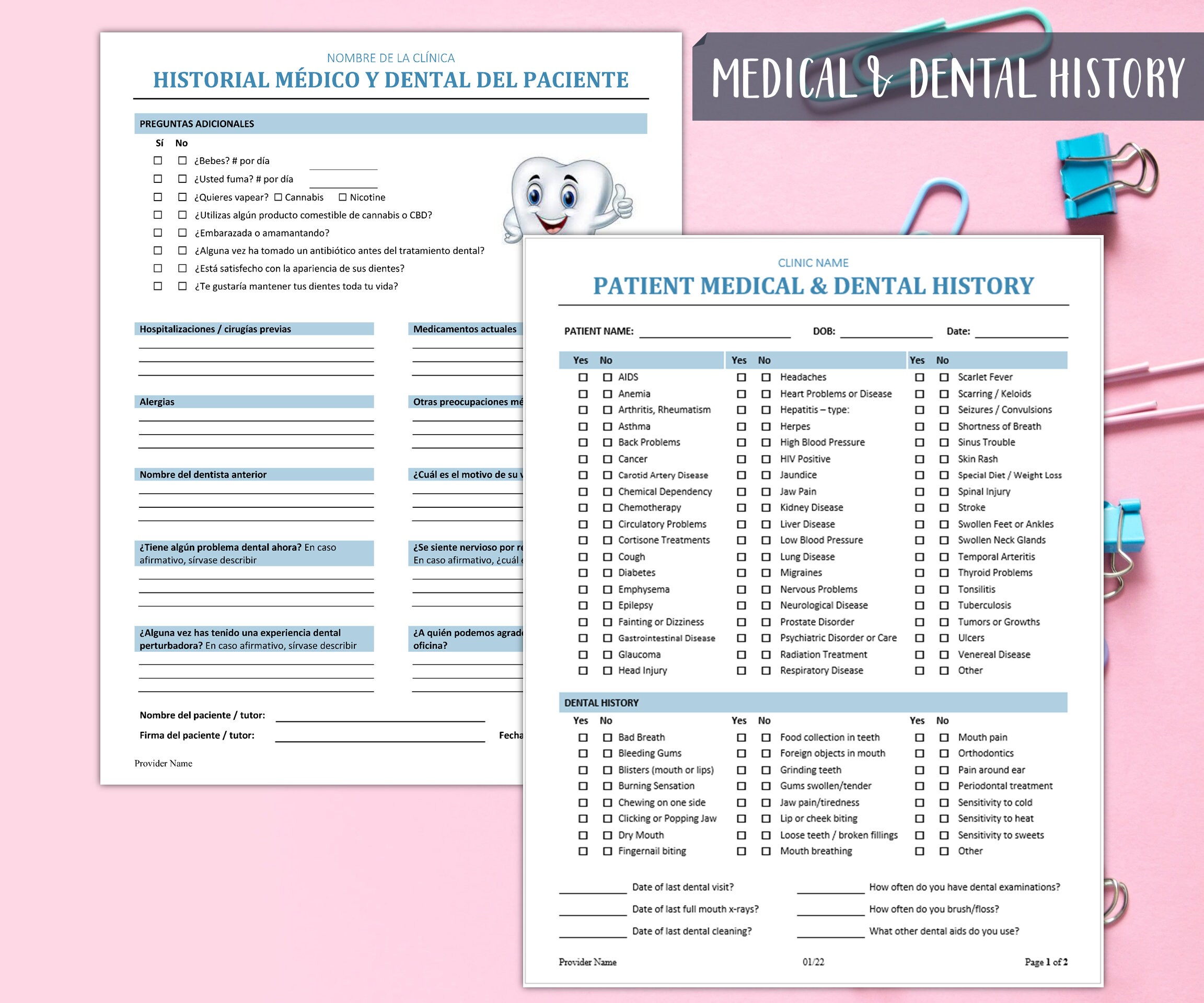 Dental Patient Intake Templates Bundle -english & Spanish | Medical ...