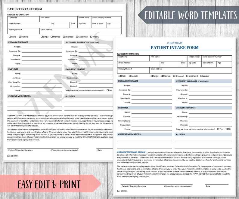 Vision Medical Intake & Patient Information Template Bundle | Health History | HIPAA ...