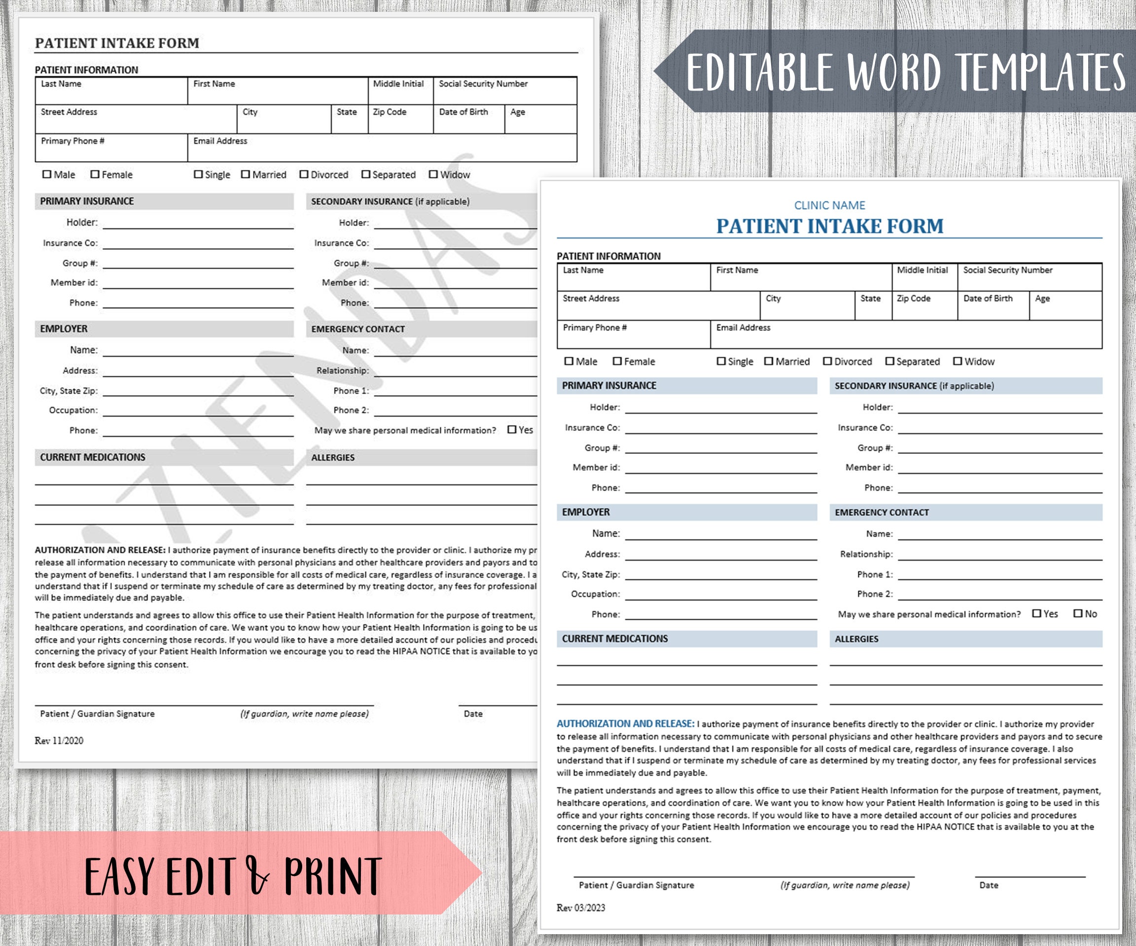 Vision Medical Intake & Patient Information Template Bundle Health ...