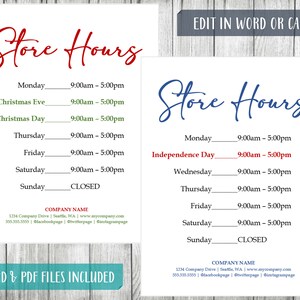 Editable Business Hours Sign Template: Storefront Hours (WORD Instant ...