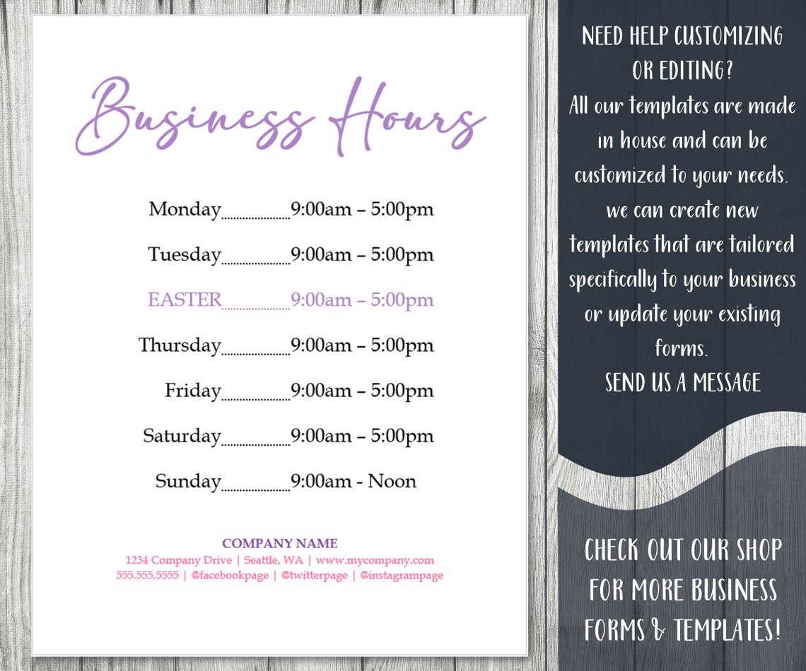 Editable Business Hours Sign Template: Storefront Hours (WORD Instant ...