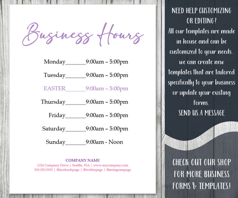 Editable Business Hours Sign Template: Storefront Hours (WORD Instant ...