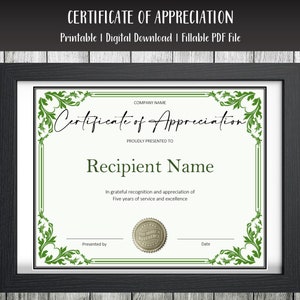 Certificate of Appreciation Fillable PDF File Editable & - Etsy