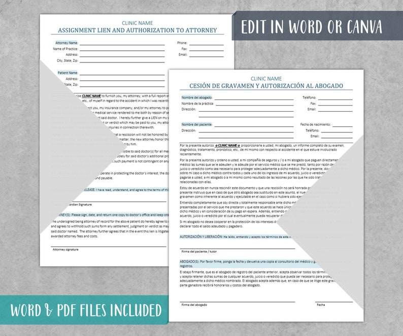 Medical Assignment, Lien, Authorization Forms | English & Spanish ...