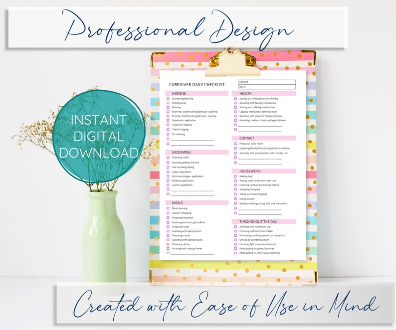 Caregiver Daily Task List & Note Page for Monitoring Patient Health ...