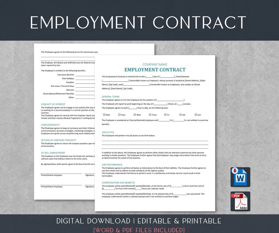 Employment Contract Template, Human Resources Forms, Editable ...