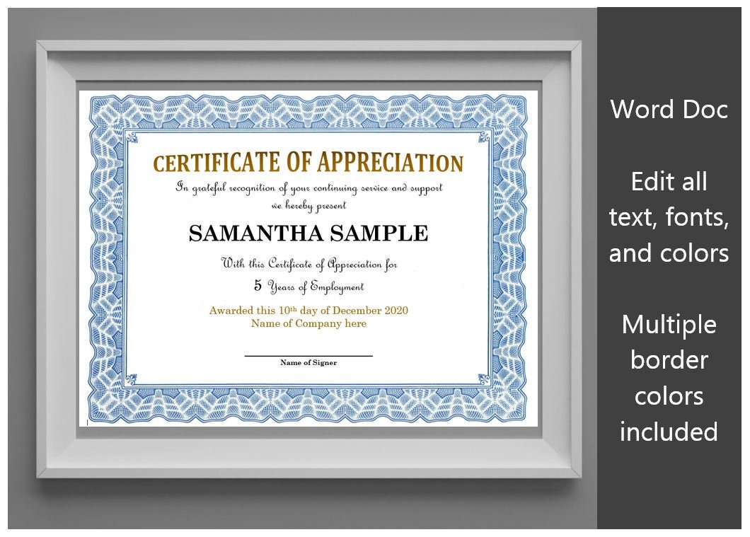 Certificate of Appreciation, Editable & Printable Template, 8.5x11 ...